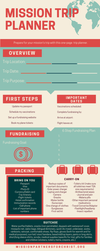 Missions Trip One-Page Trip Planner - Mission Partners For Christ